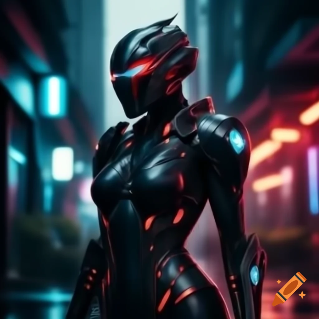 Futuristic cyberpunk female bounty hunter in sleek black armor with red cybernetic arm in neon ...