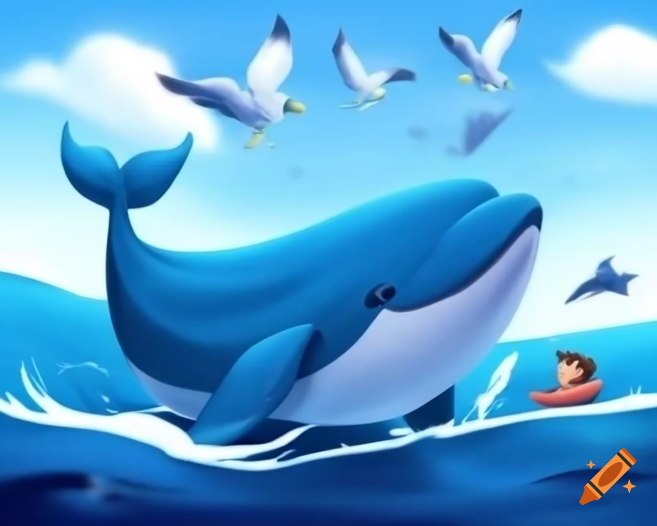 Friendly blue whale splashing in ocean with seagulls and boat on Craiyon