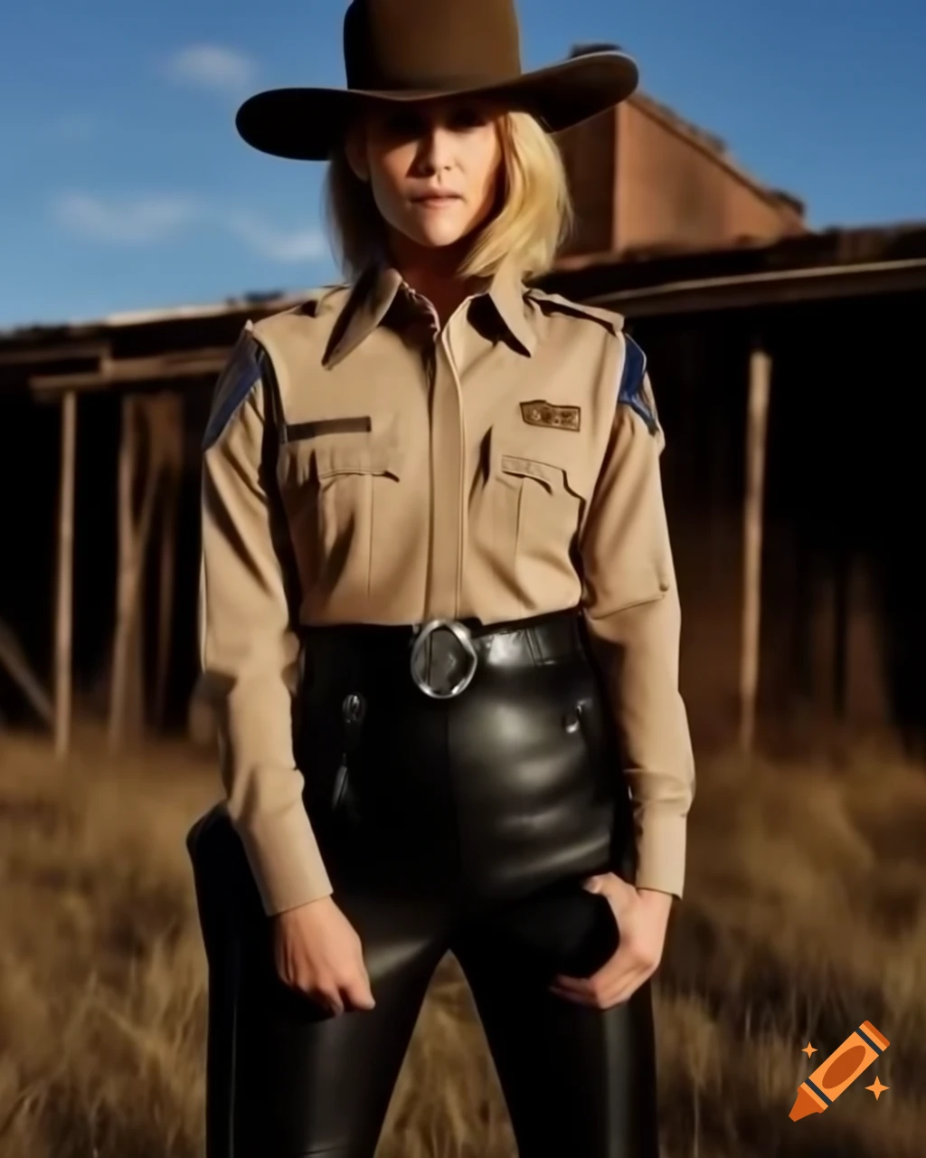 Ultra HD portrait of actress wearing modern sheriff-style outfit on Craiyon