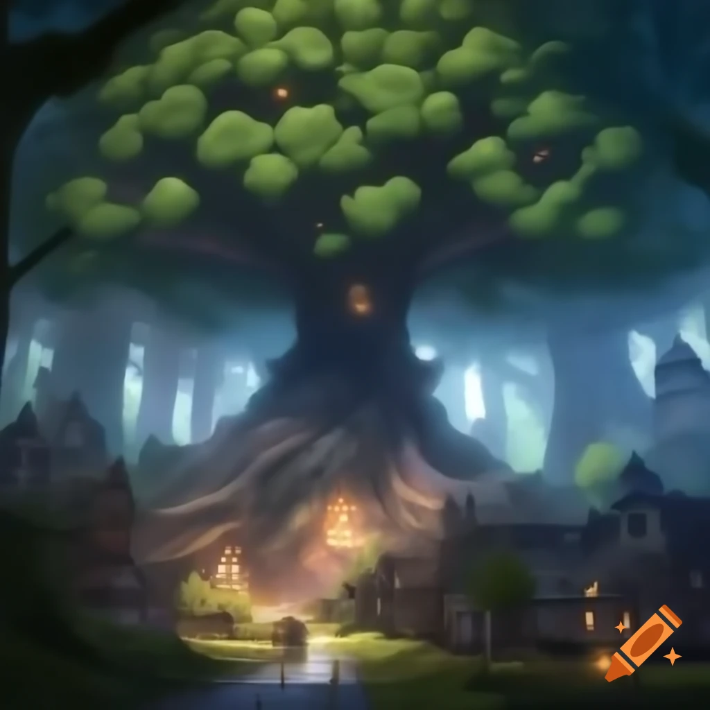Gigantic magical tree in forest with glowing sparks and village ...