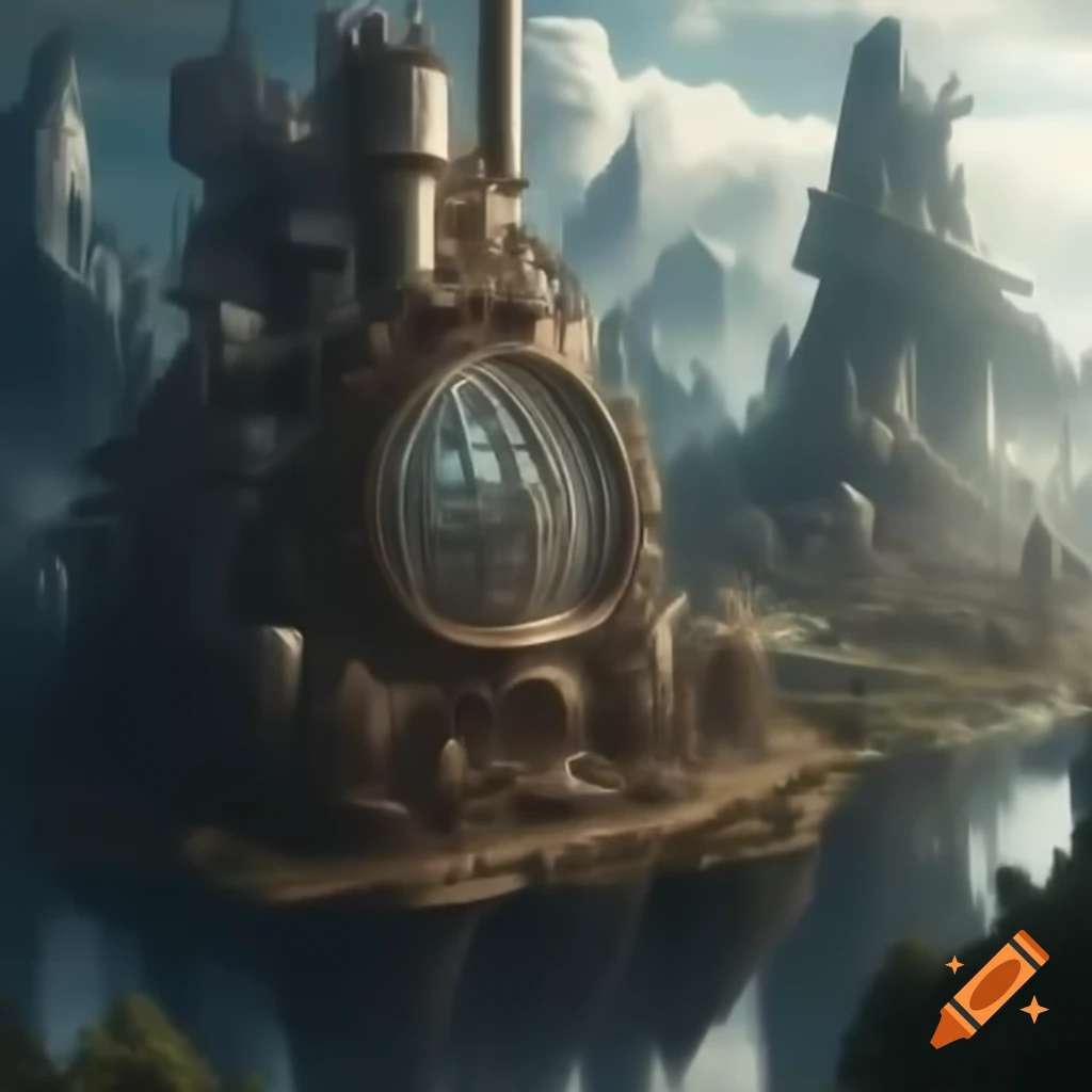 Steampunk metropolis with stone and glass houses among clouds ...