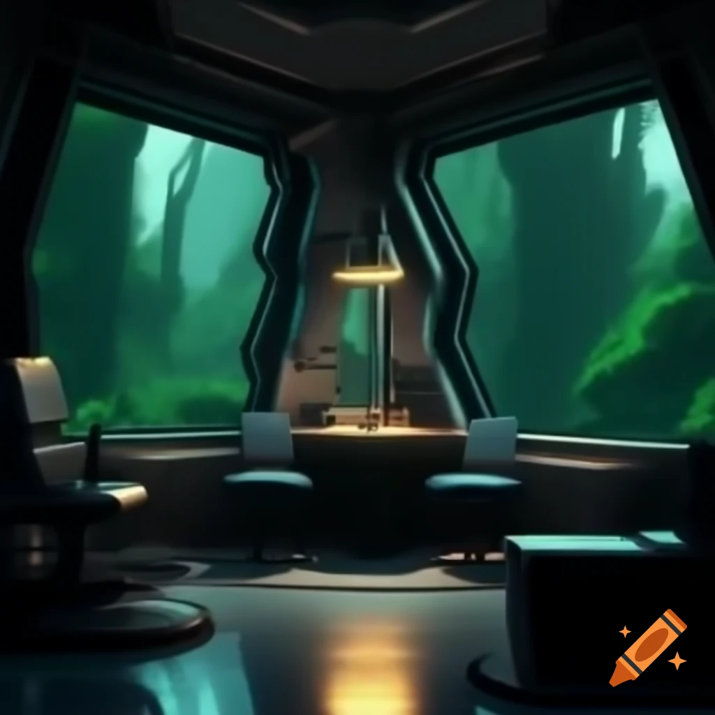 Futuristic sci-fi outpost room with metal details and alien landscape ...