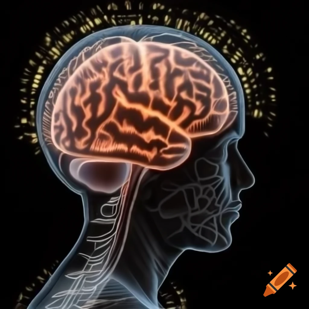 Artistic illustration of brain filled with knowledge symbols in peach ...