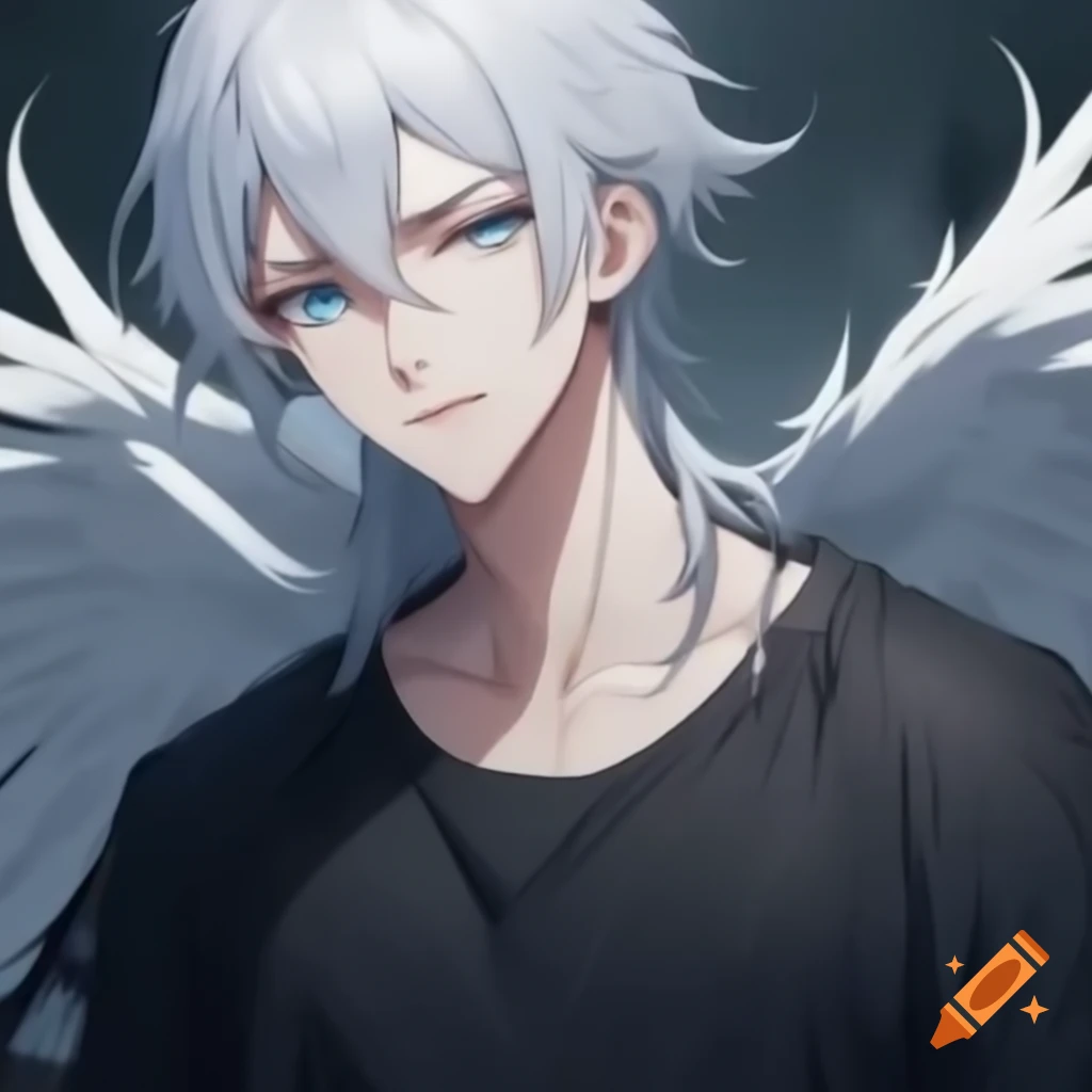 Anime-style male fallen angel with silver hair, dark clothing, and ...
