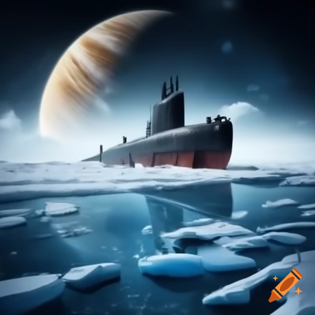 Submarine breaching icy surface of Ganymede canal with Jupiter in the background on Craiyon