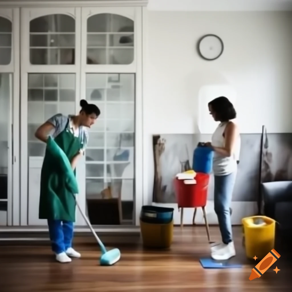 Welcoming home cleaning service with professional cleaners in a tidy ...