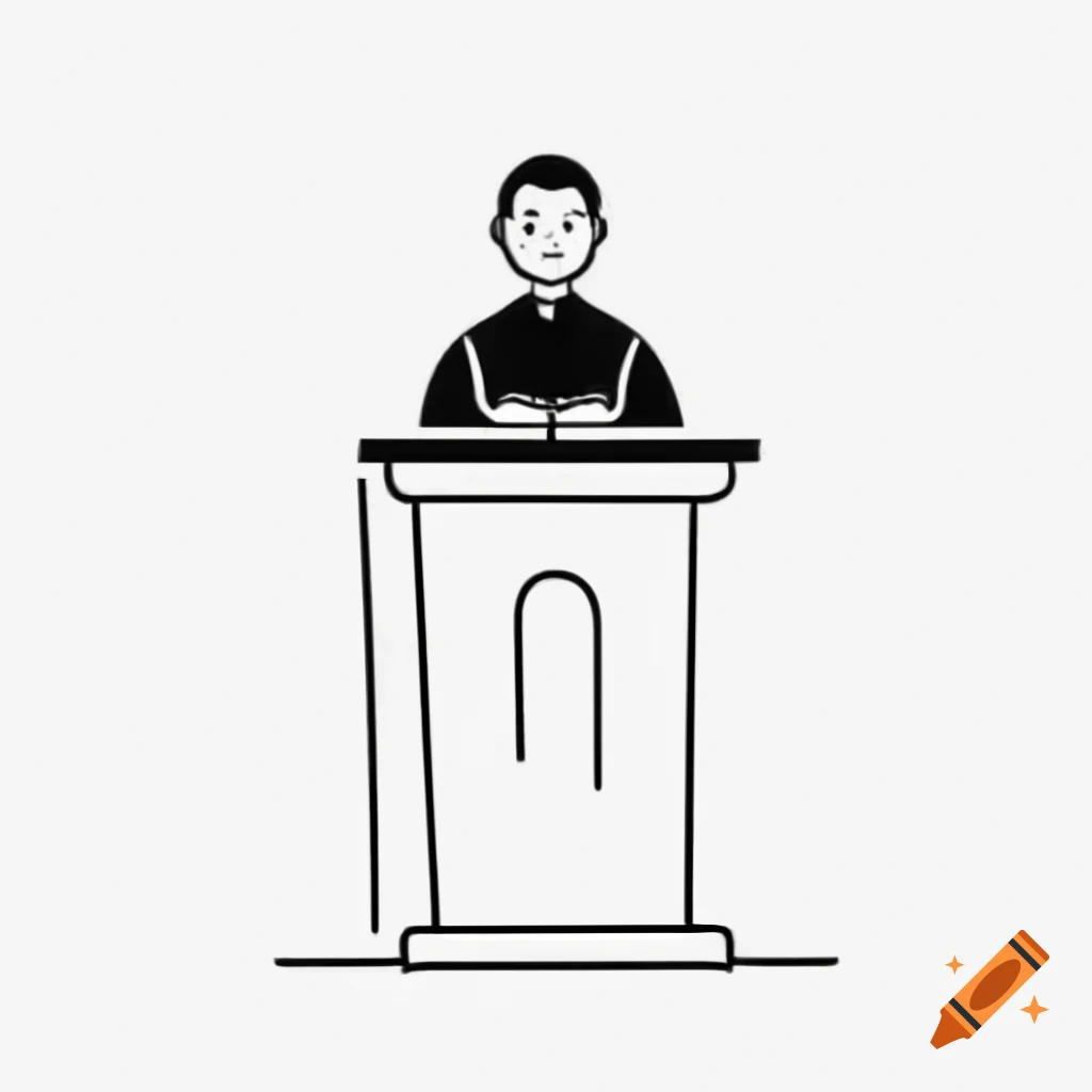 Black and white drawing of a priest standing in a pulpit on Craiyon