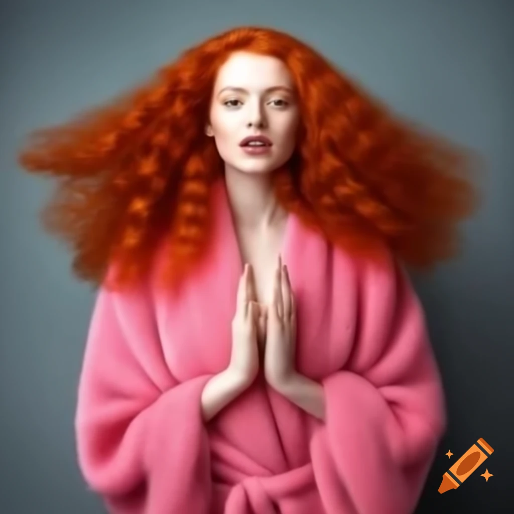 Attractive redheaded woman in pink robe with frizzed hair on Craiyon