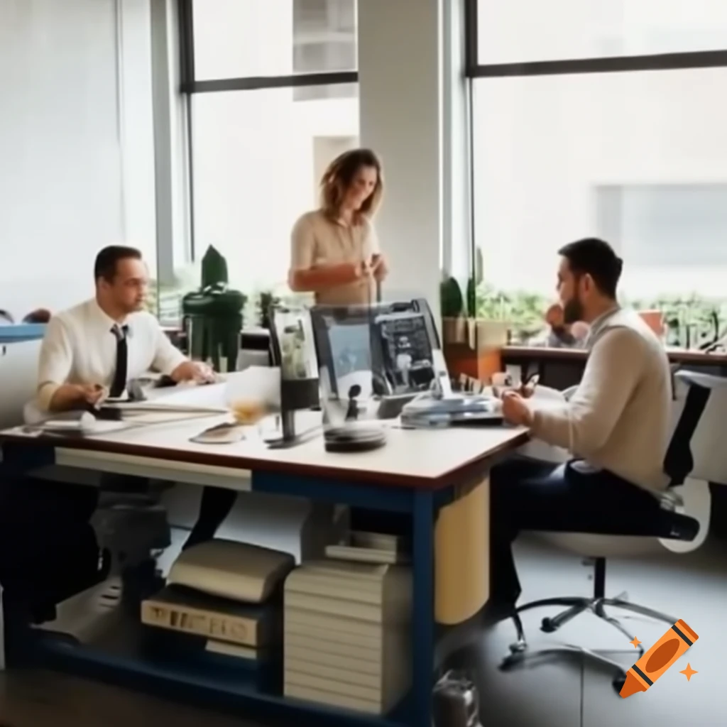 Office lunch scene with two men typing and two women using fax and ...