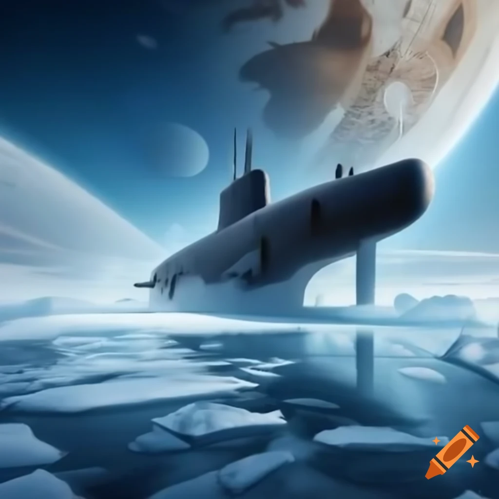 Submarine breaching icy surface of ganymede canal with jupiter in the background on Craiyon