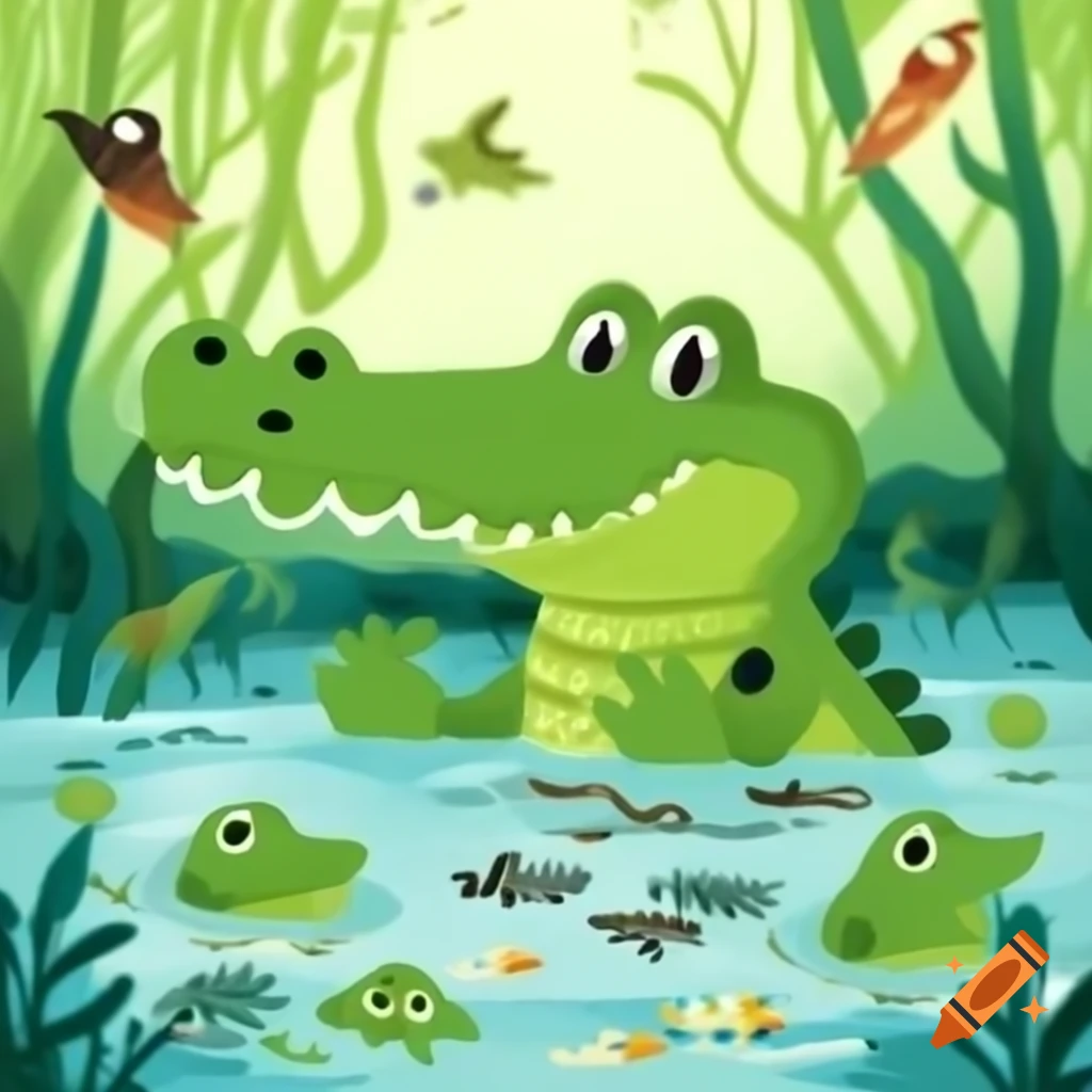 Smiling alligator in swamp surrounded by birds, fish, and frogs on Craiyon