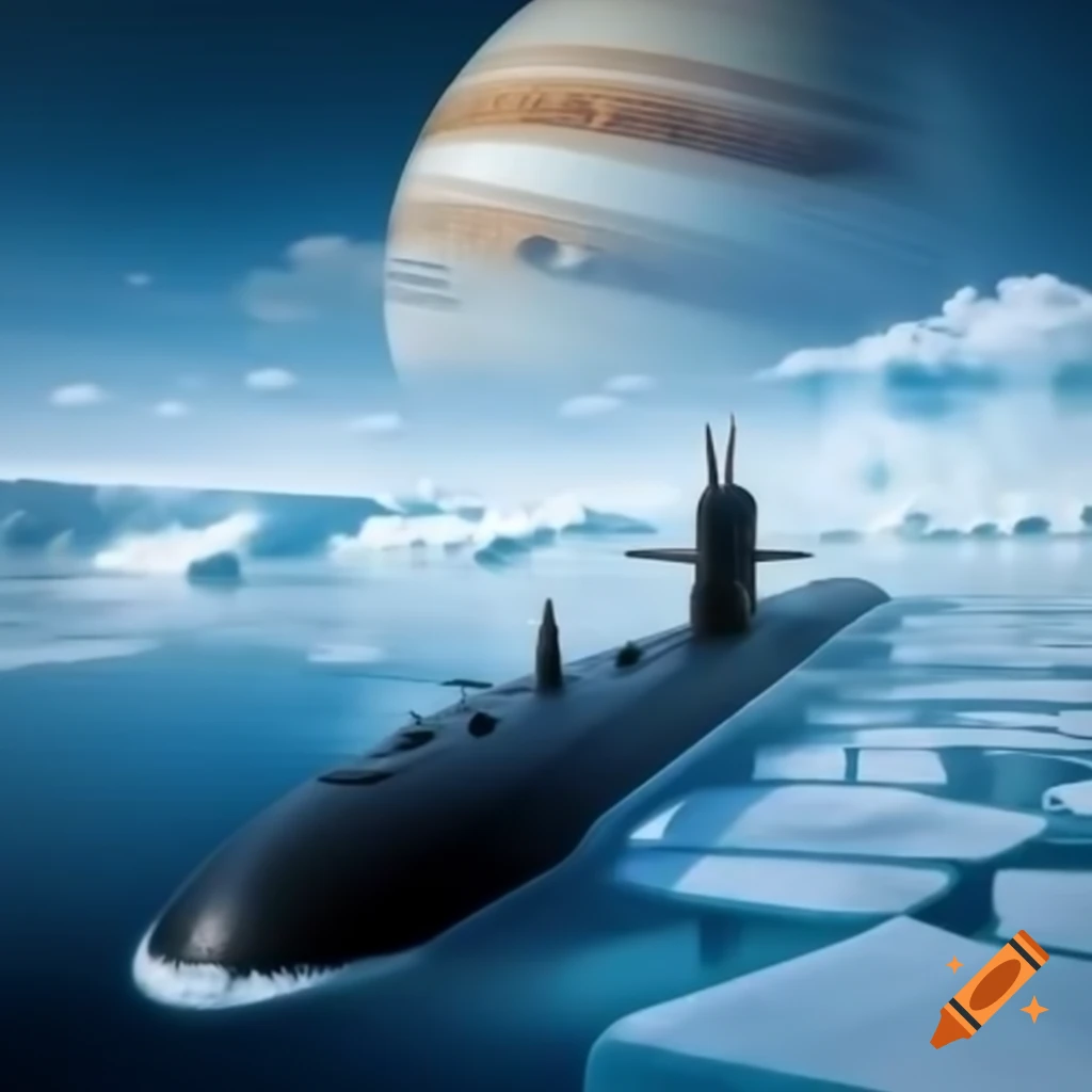 Submarine emerging from ice on ganymede with jupiter in the background on Craiyon