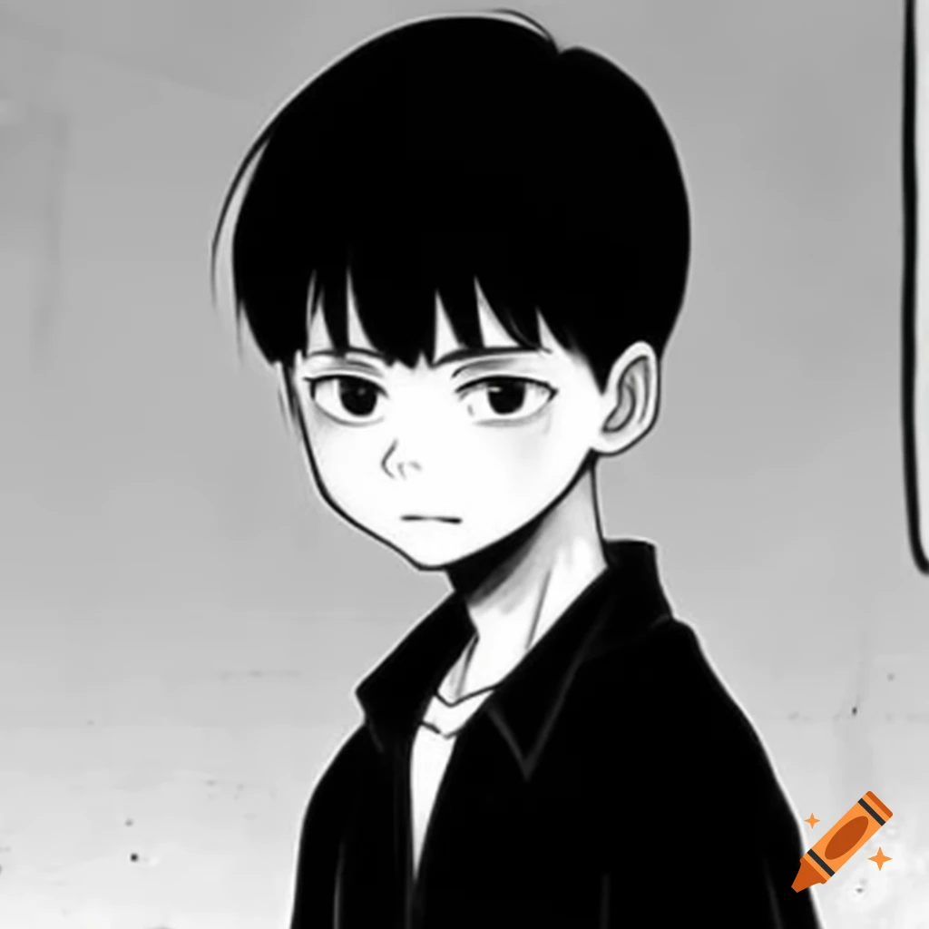 Monochrome manga illustration of a boy with a straight face on Craiyon