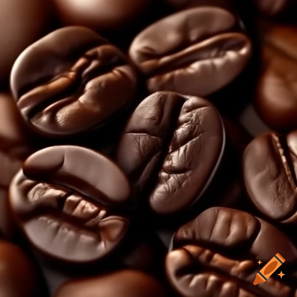 Four coffee beans with clear black coffee, focused and out of focus ...