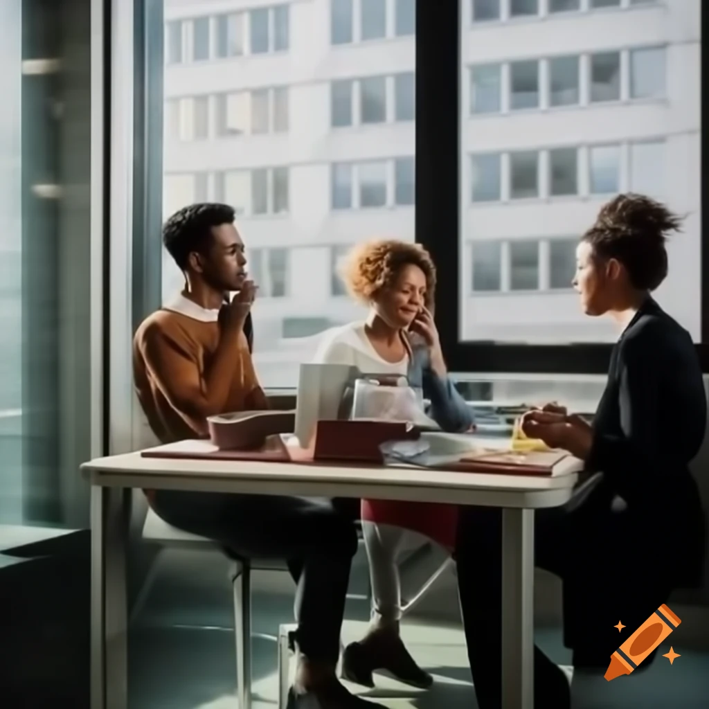 Office lunch scene with two men typing and two women using fax and ...