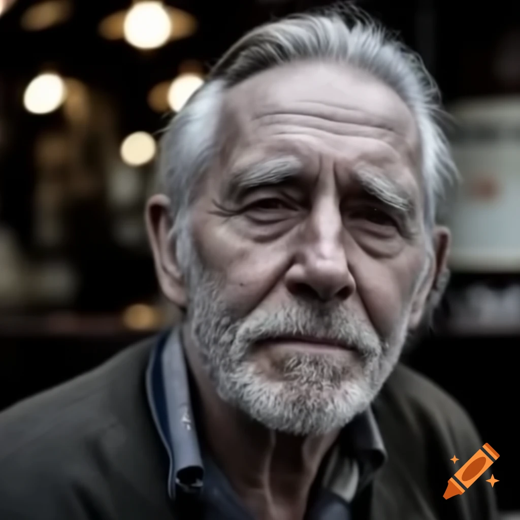 Older man in casual clothing in a pub setting with stubble and salt-and ...