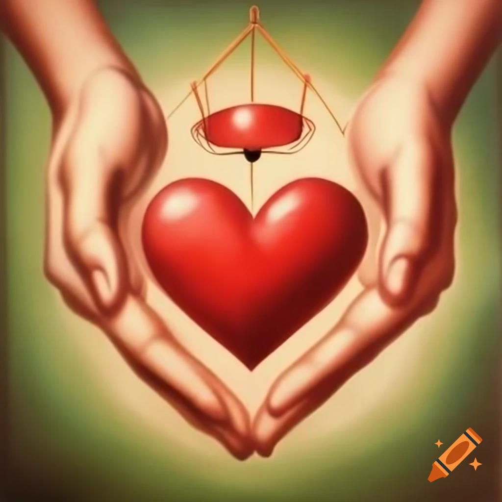 Hands holding heart with a balance symbolizing fair judgment on Craiyon