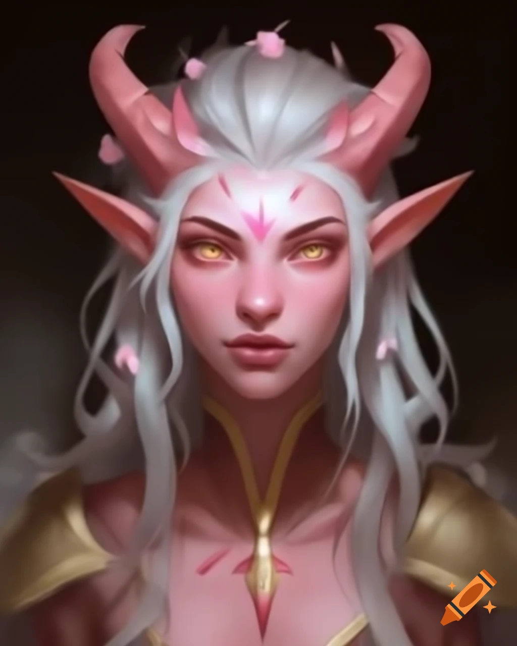 Detailed depiction of an ethereal tiefling woman with pink complexion ...