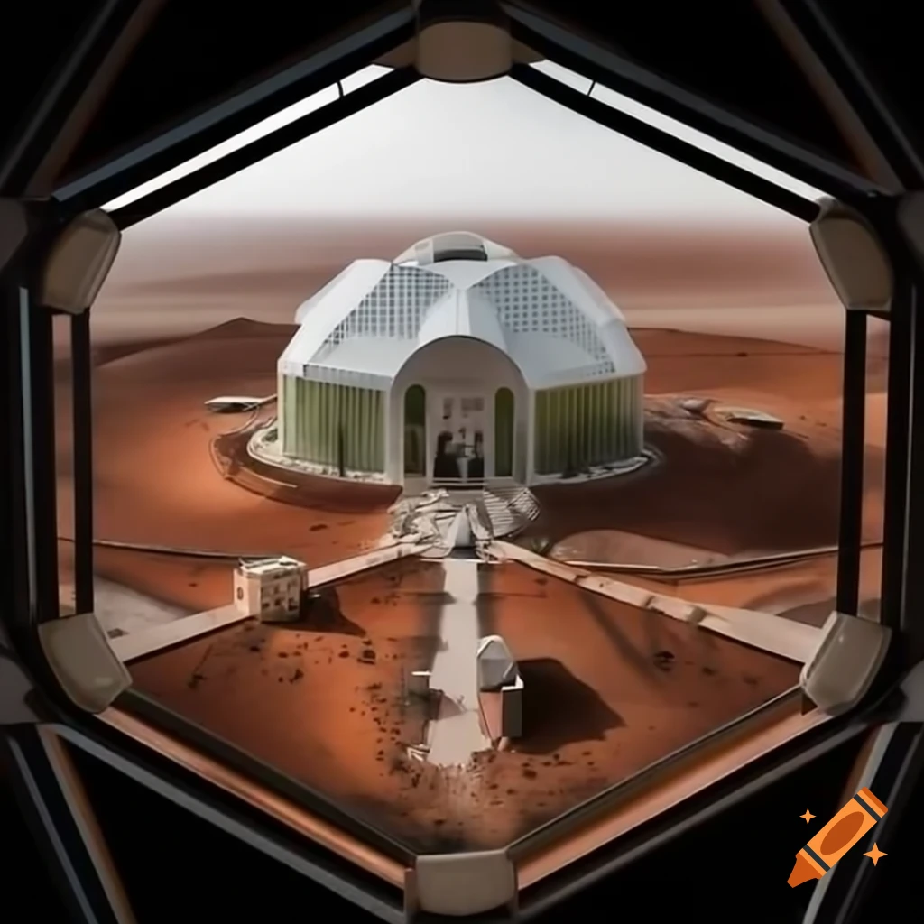 Aerial view of octagonal base on Mars featuring greenhouse outbuildings ...