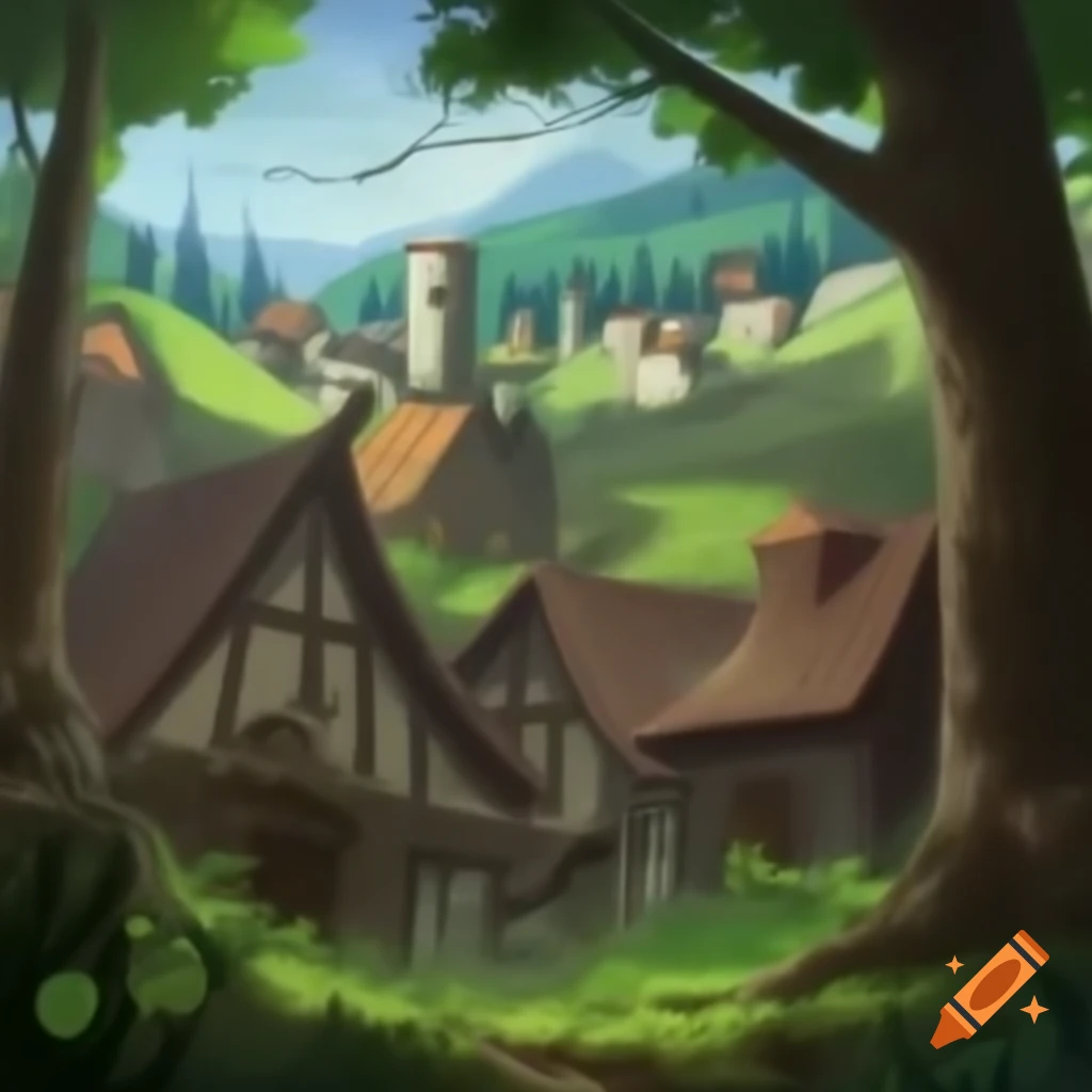 Aerial view of four medieval villages in a forest at a crossroads on ...