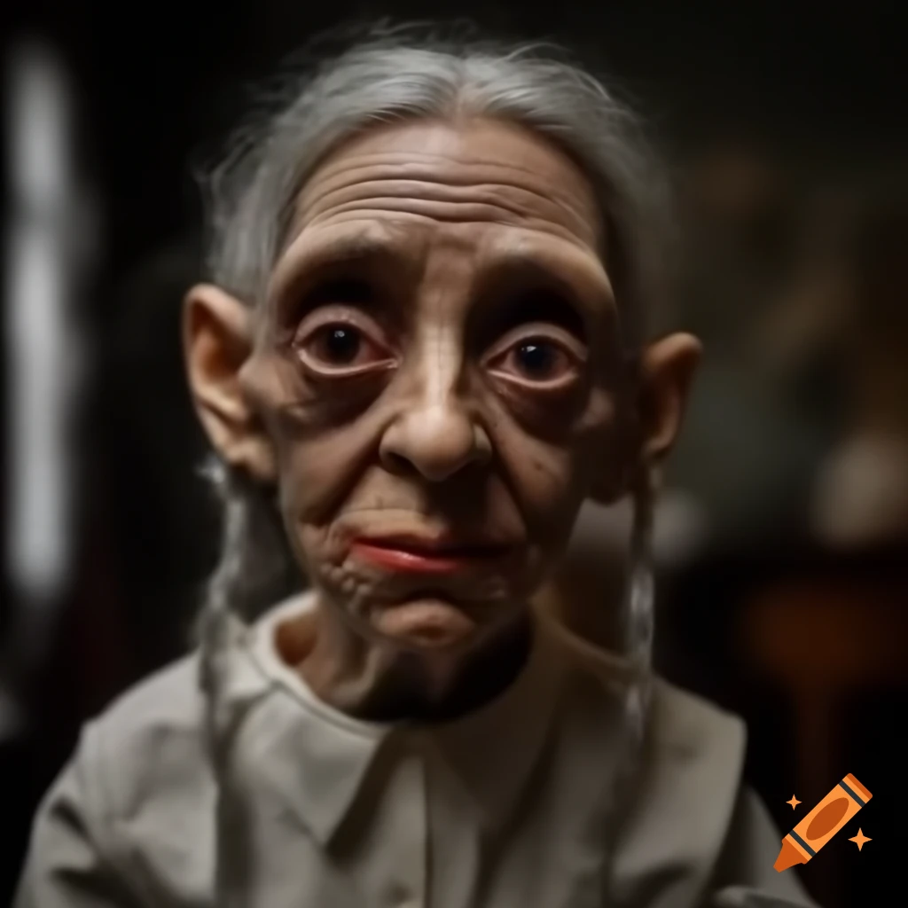 Realistic puppet with exaggerated features interacting with elderly ...