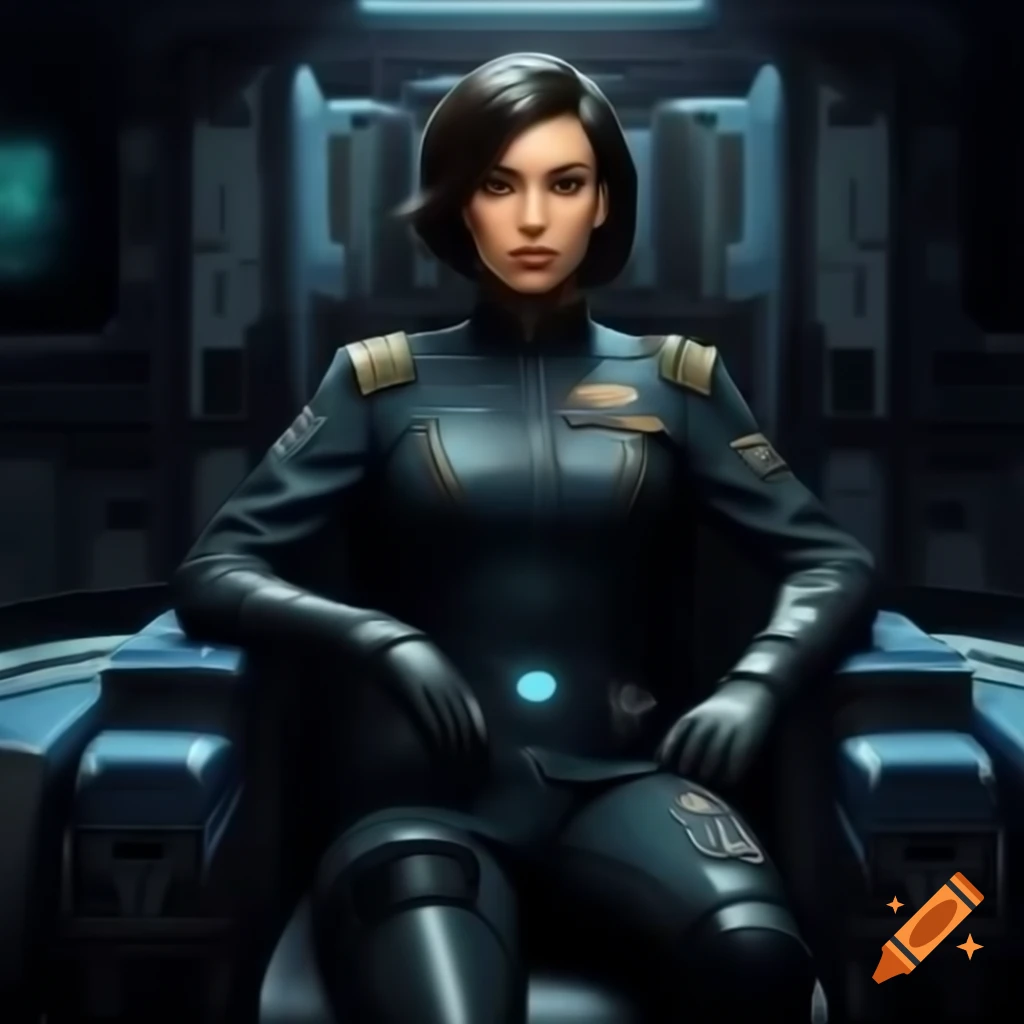 Sci-fi spaceship captain in military uniform sitting on command throne ...