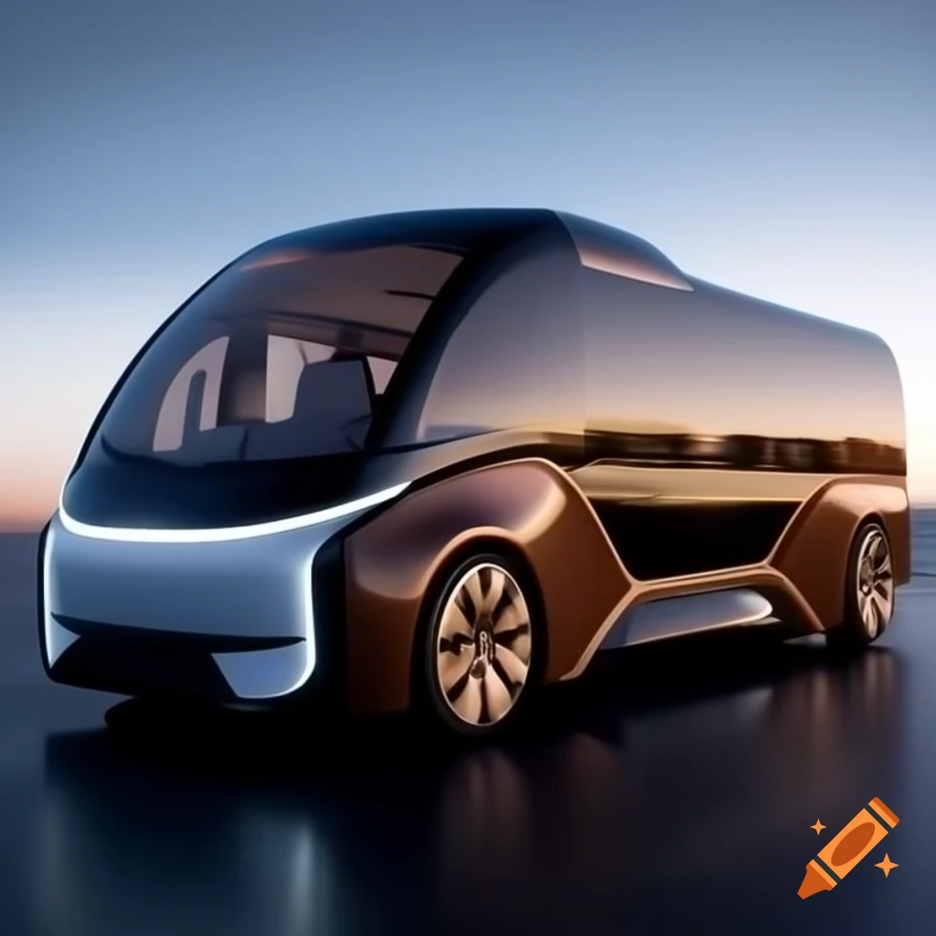 Futuristic electric bus with aerodynamic design in light brown and ...