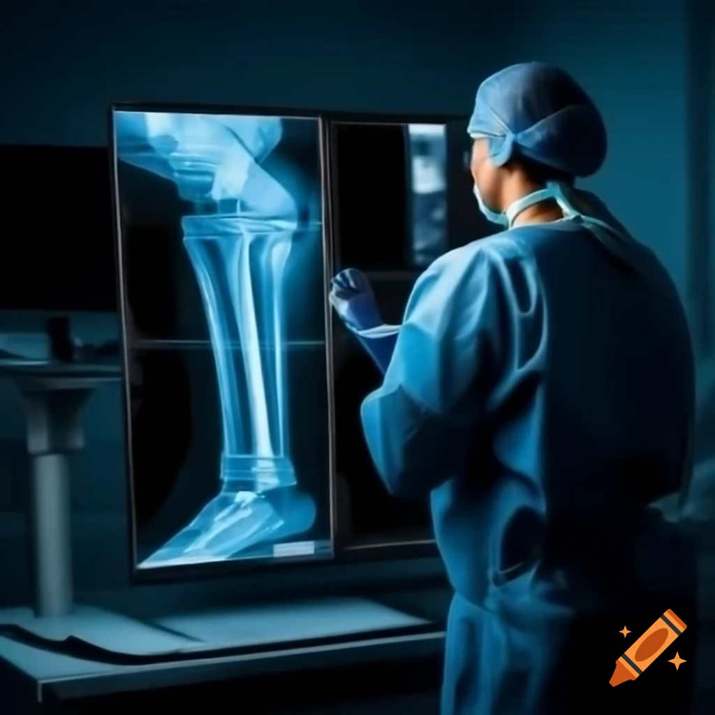 Medical professional examining x-ray of leg with metallic prosthetic on ...