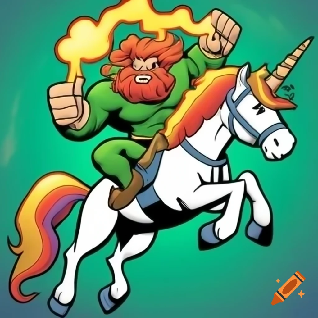 Superhero in green comic style riding a rainbow unicorn, holding a ...