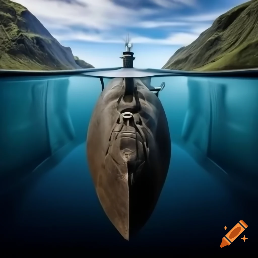 Colorful submarine surfacing in a Ganymede canal with Jupiter and moons in view on Craiyon