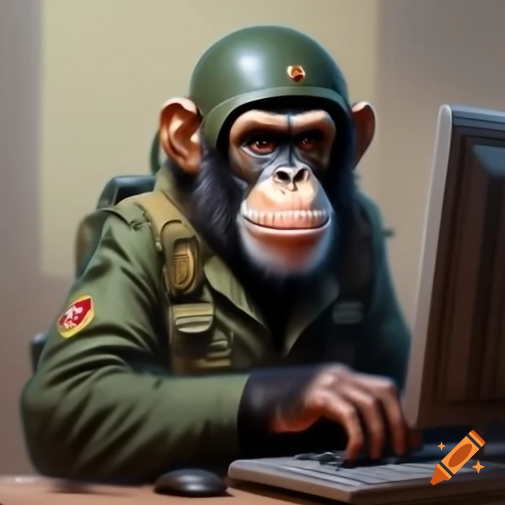 Chimpanzee playing computer game in military camouflage outfit on Craiyon