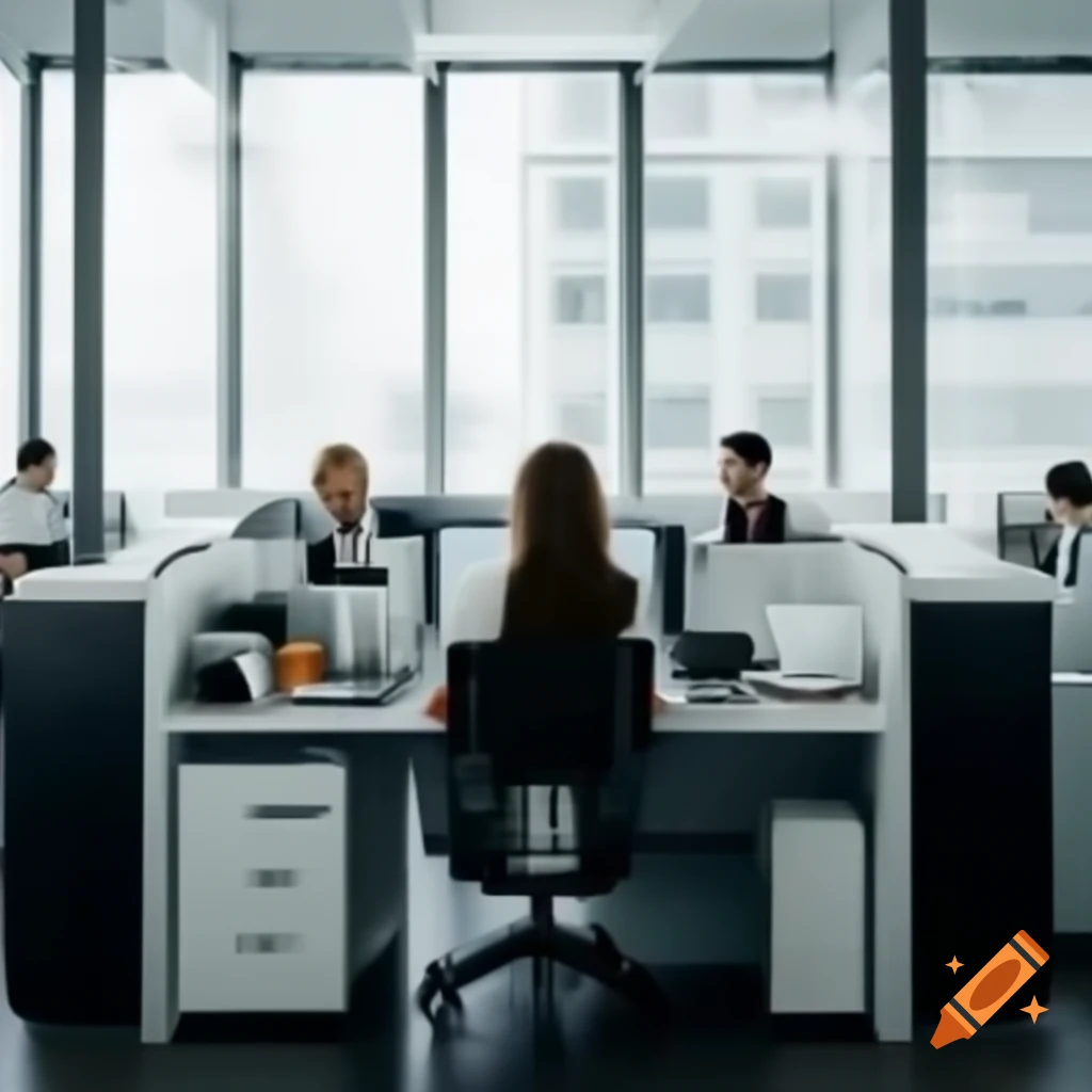 Photorealistic modern bank office with friendly representative at sleek ...