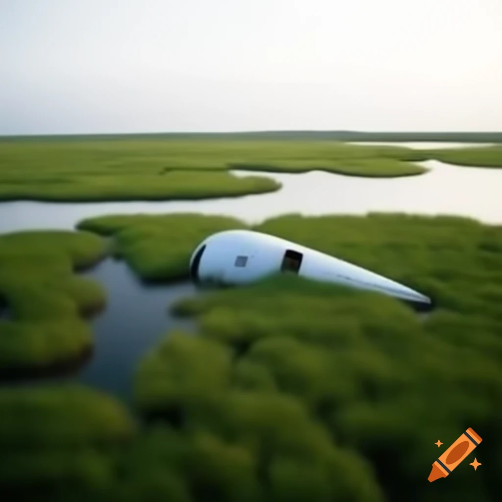 Crashed spaceship landing pod in fern marsh on Craiyon