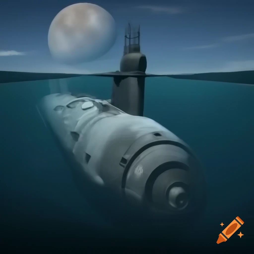 Colorful submarine surfacing in a Ganymede canal with Jupiter and moons in view on Craiyon