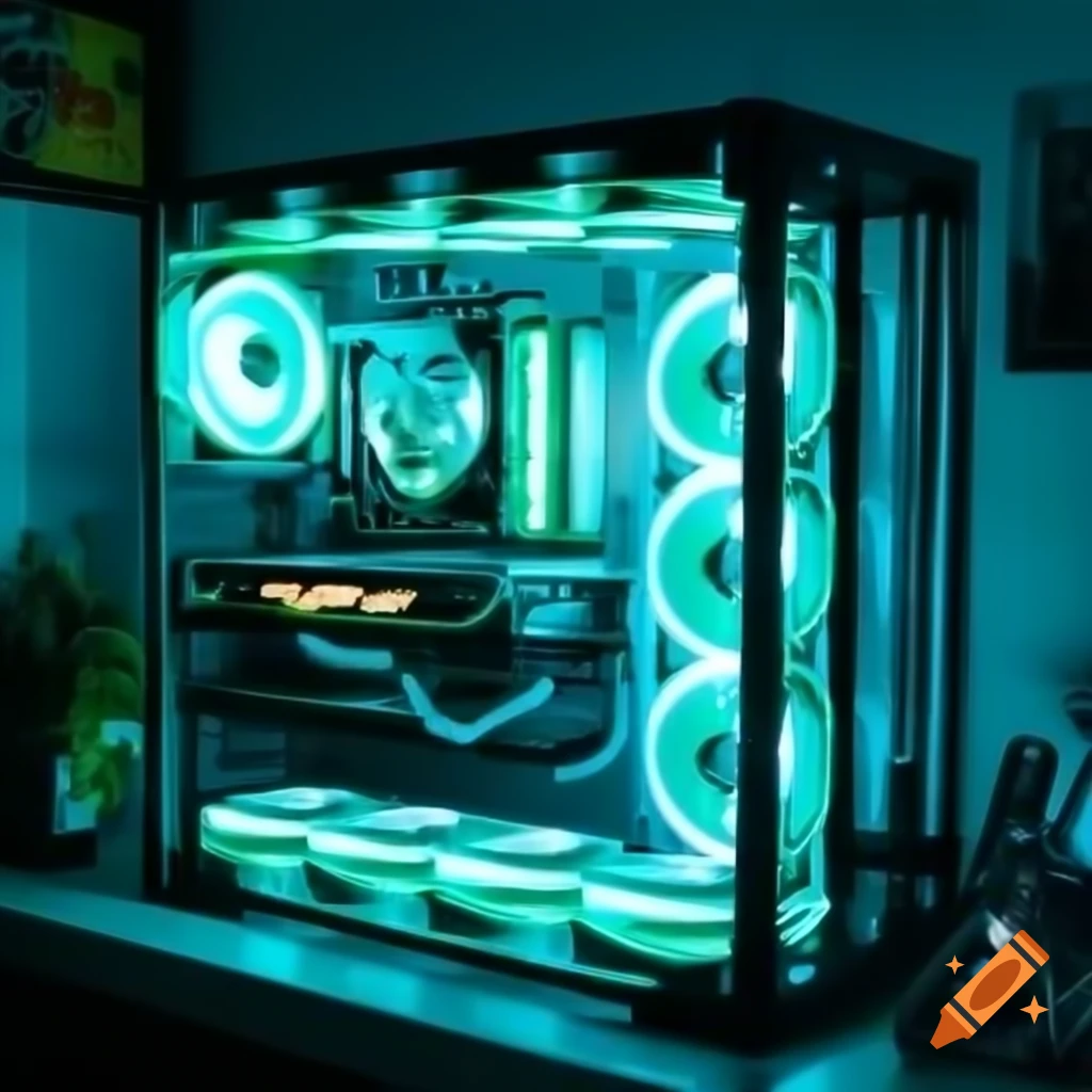 Gaming PC with glass case and LED lighting in green and blue hues on ...