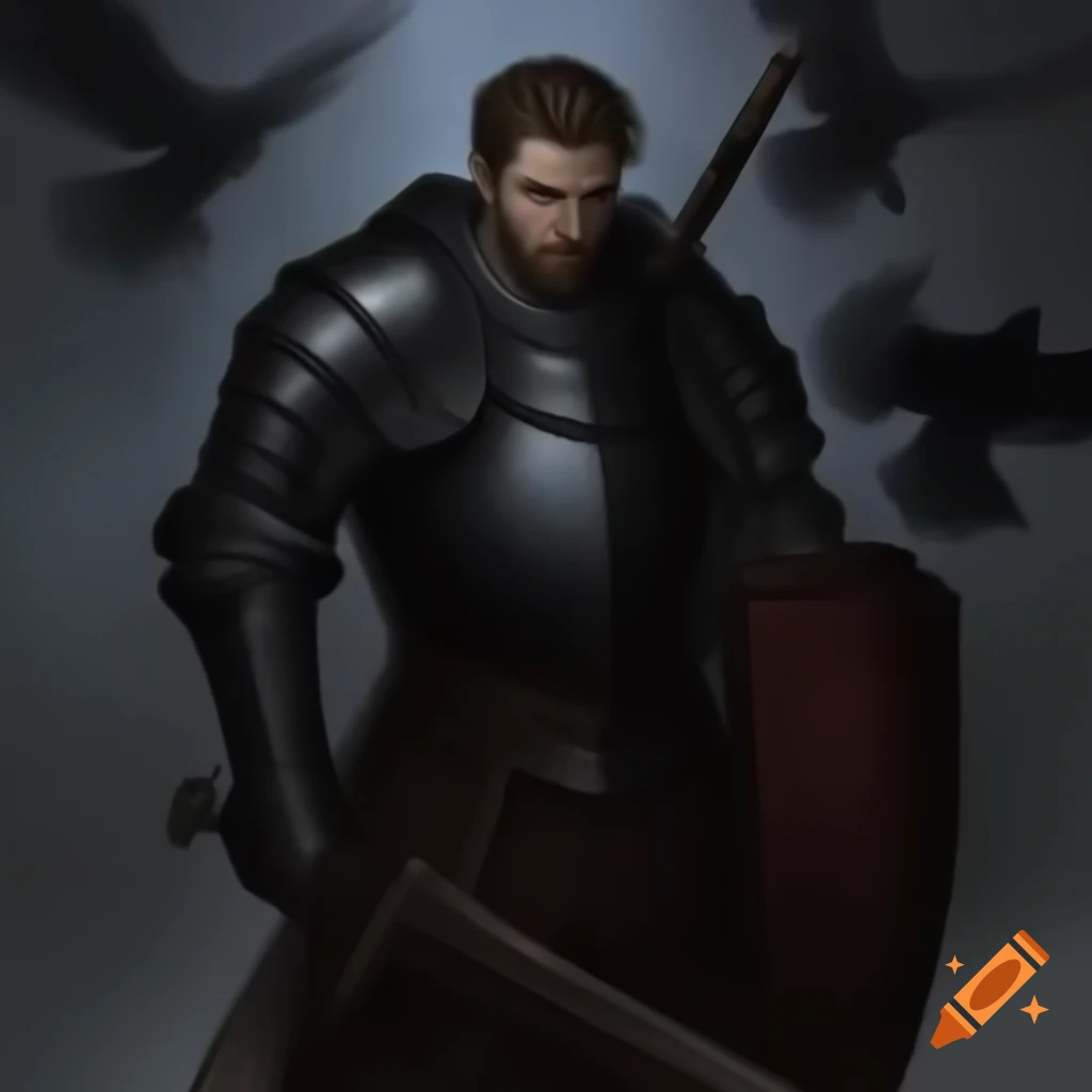 Knight in dark armor with raven weapon and bird companion in shadowy ...