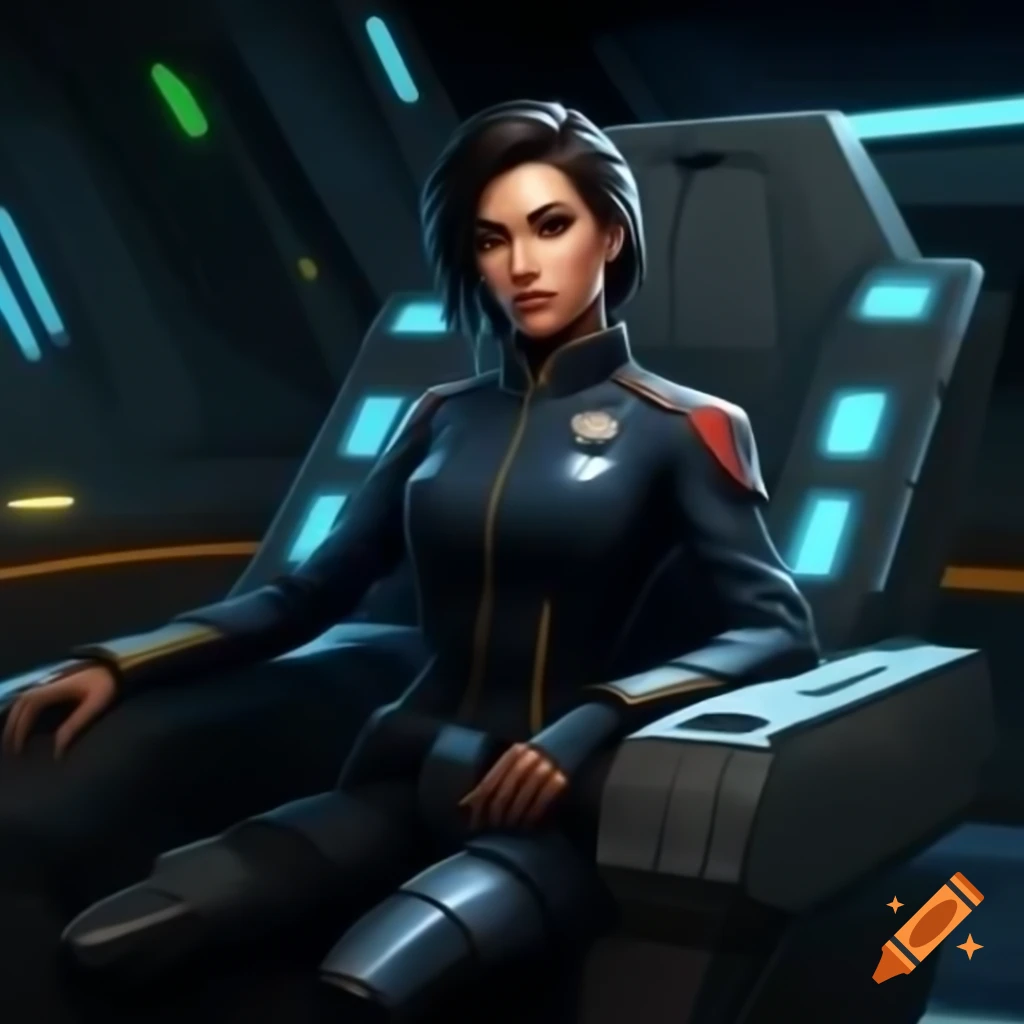 Sci-fi portrait of spaceship captain in dark military uniform on ...