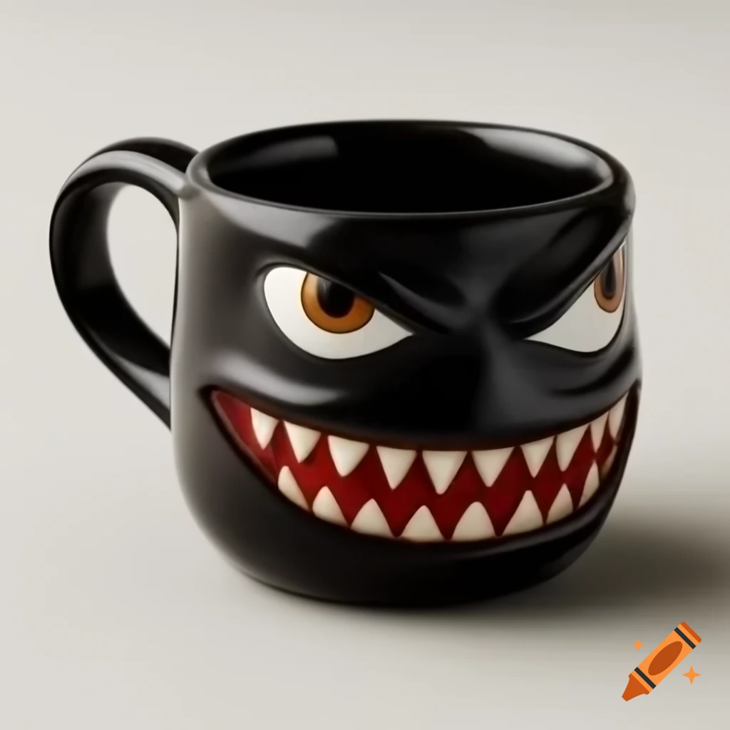 Black coffee mug with one eye and a monster mouth design on Craiyon