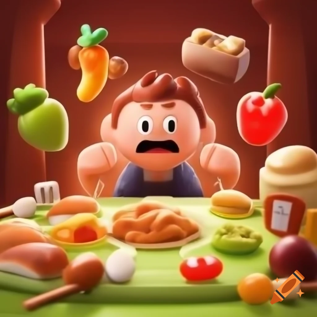 Cartoon game scene with male protagonist collecting food and defeating ...