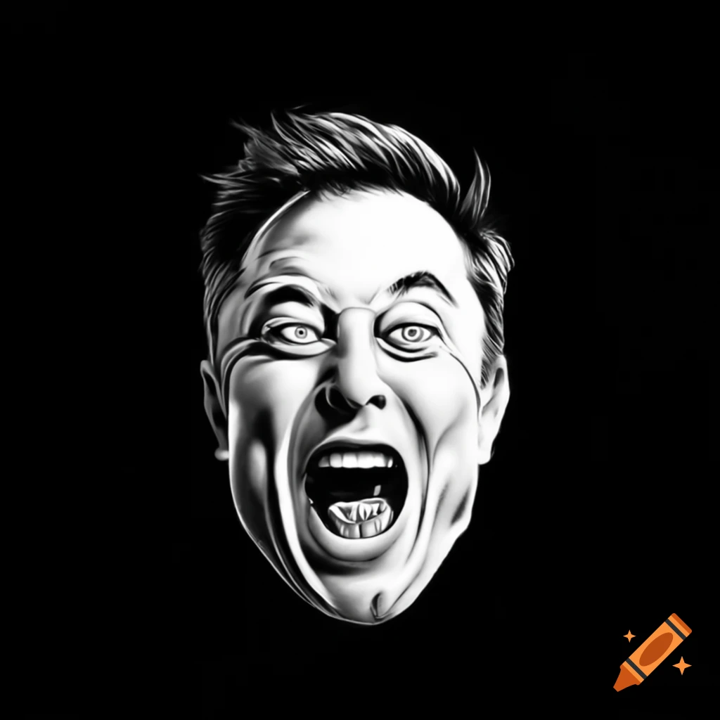 Cartoon headshot of a shouting figure resembling Elon Musk in black and ...