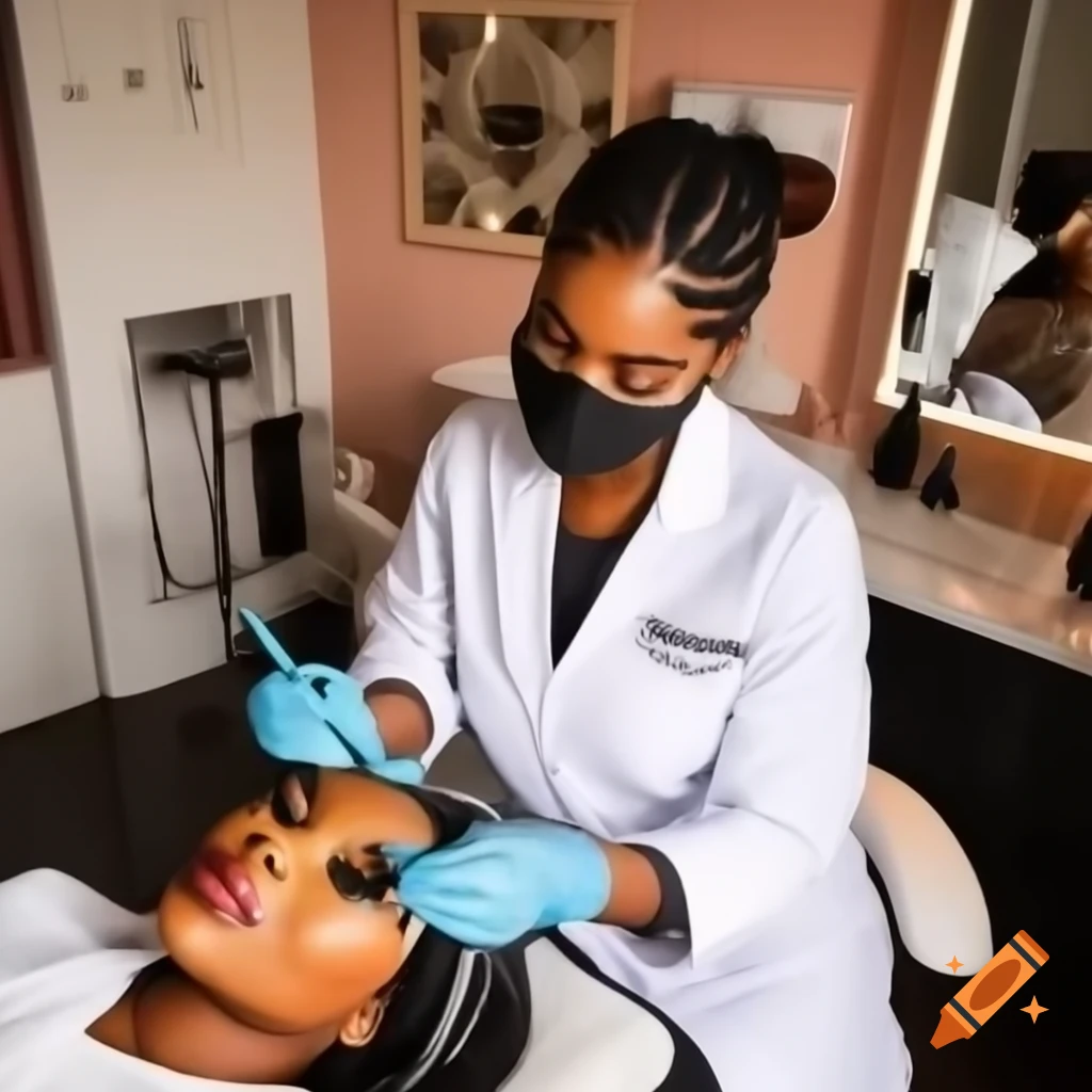 Lash technician in white robe applying individual lash extensions on ...