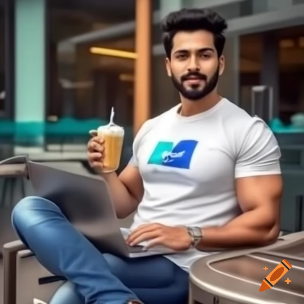 Web developer in doonaweb t-shirt enjoying coffee in realistic style on Craiyon