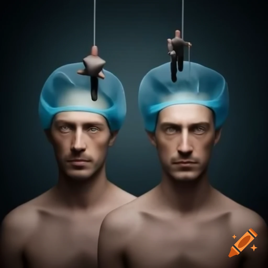 Men in laboratory connected by telepathy device, consciousness depicted ...