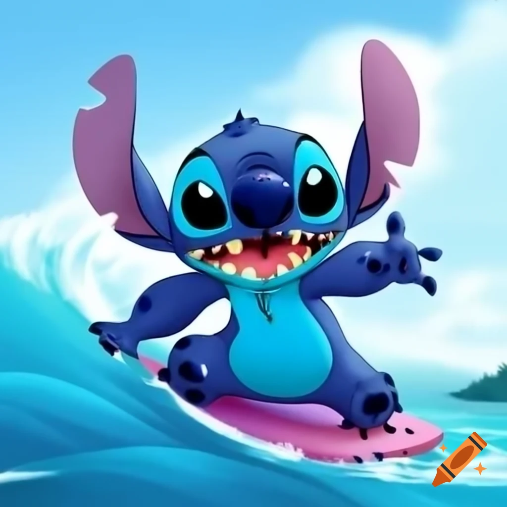 Stitch surfing a wave with a gleeful expression on Craiyon