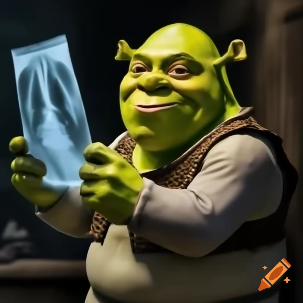 Shrek interacting with medical equipment in playful scenario on Craiyon