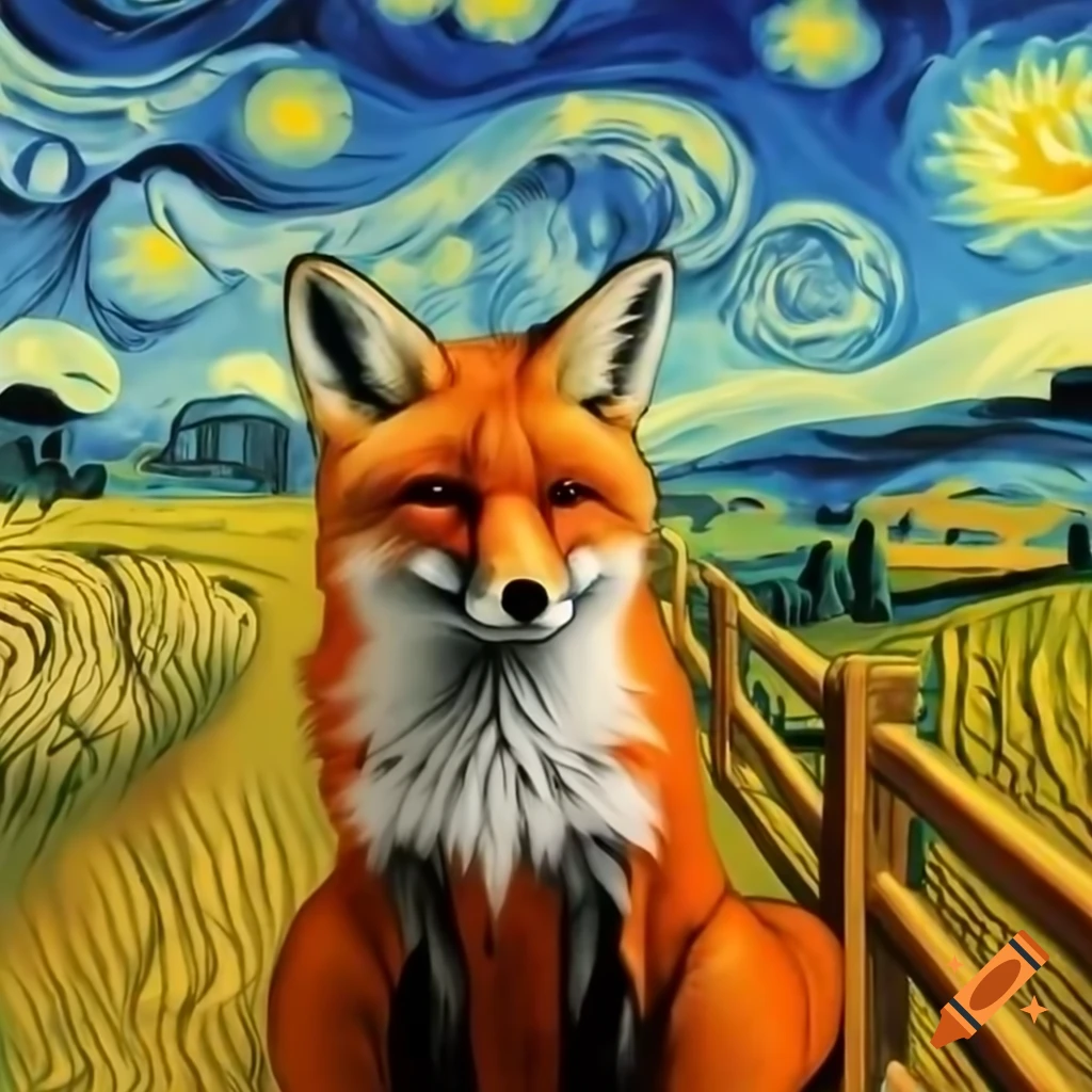 Realistic fox depicted in Van Gogh-style painting with large landscape ...