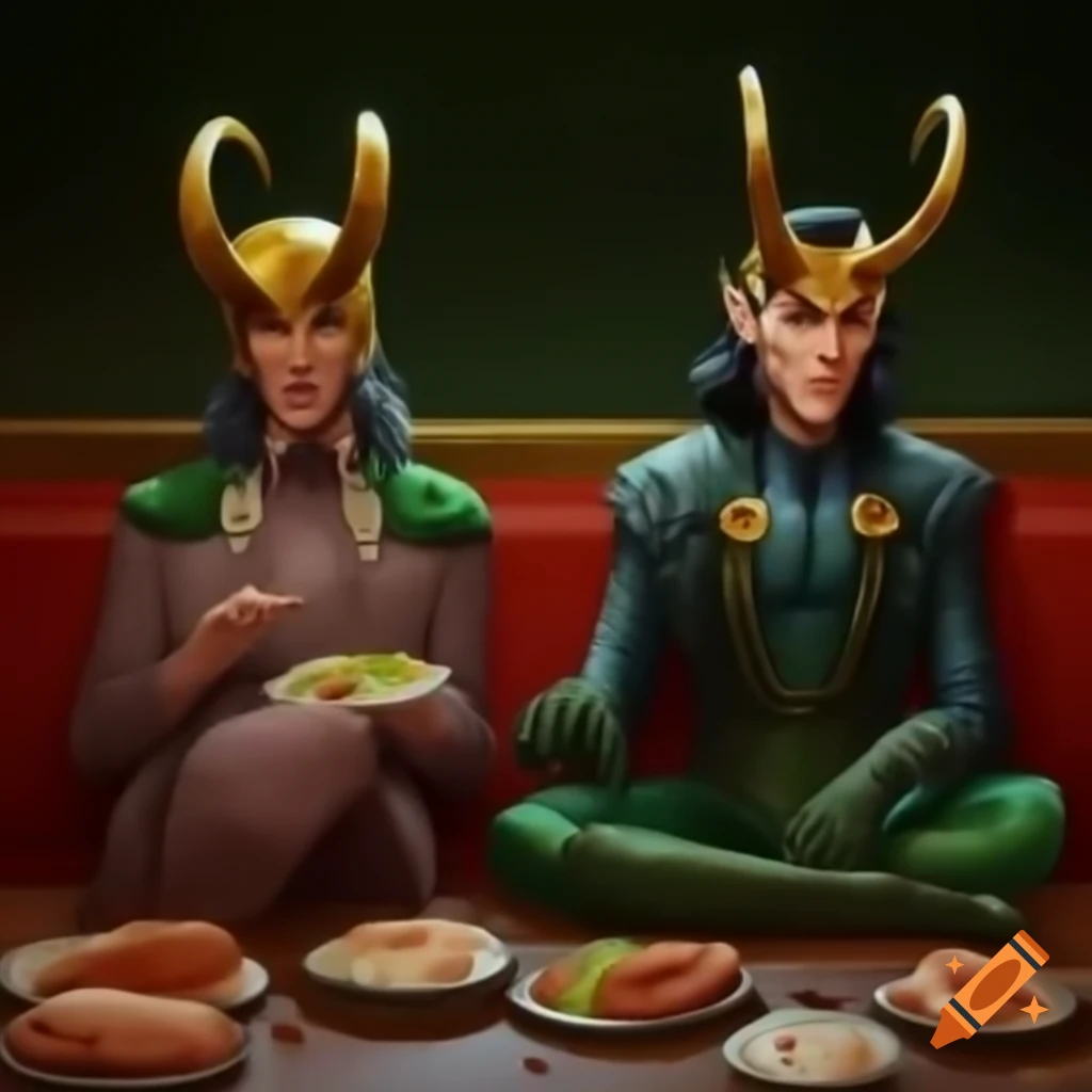 Loki and Logi sitting on opposite sides of a meat trough, depicted as ...