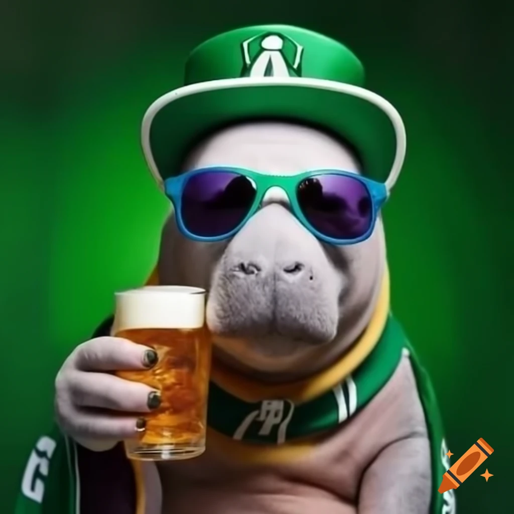 White manatee in sunglasses and Celtics hat enjoying a cold beer on Craiyon