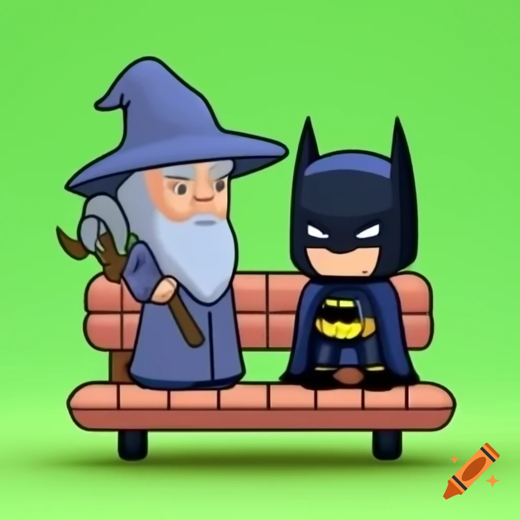 Kawaii 3D animated bobbleheads of Gandalf and Batman sitting on a park ...