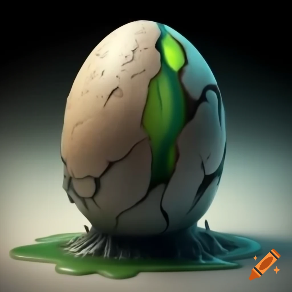 Highly detailed sci-fi alien egg with textured surface and green liquid on white background on ...